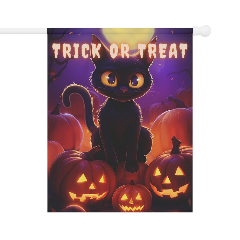 Cute Halloween Black Cat Flag - Jack O' Lanterns and Moon - Trick or ...