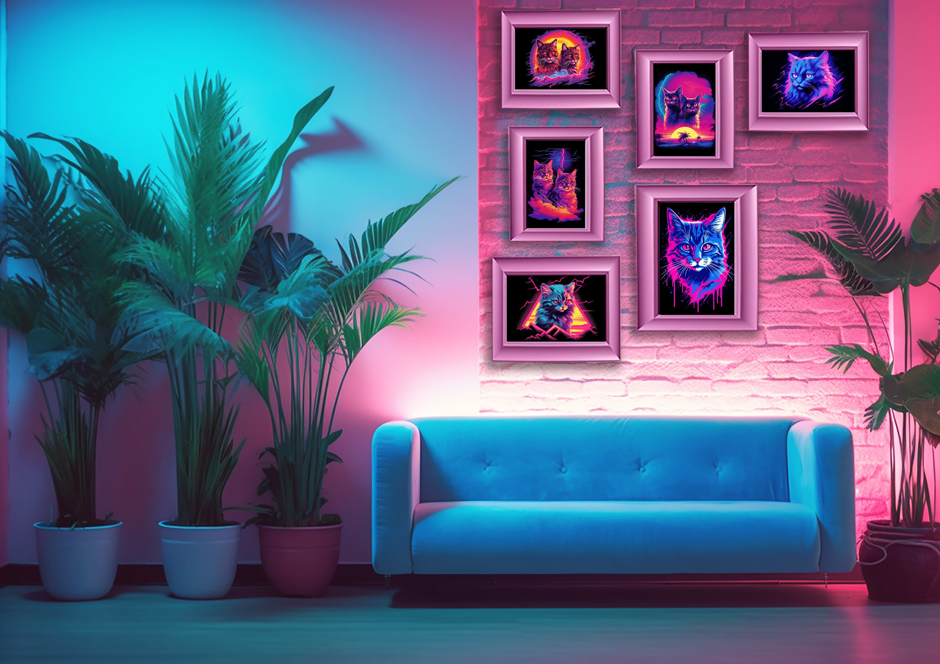 Synthwave Cats Poster Set of 6 Printable Retrowave Vaporwave Wall Art ...