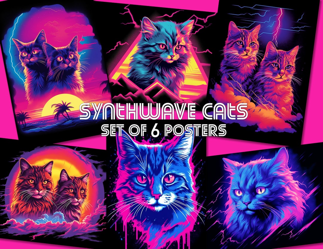 Synthwave Cats Poster Set of 6 Printable Retrowave Vaporwave Wall Art ...