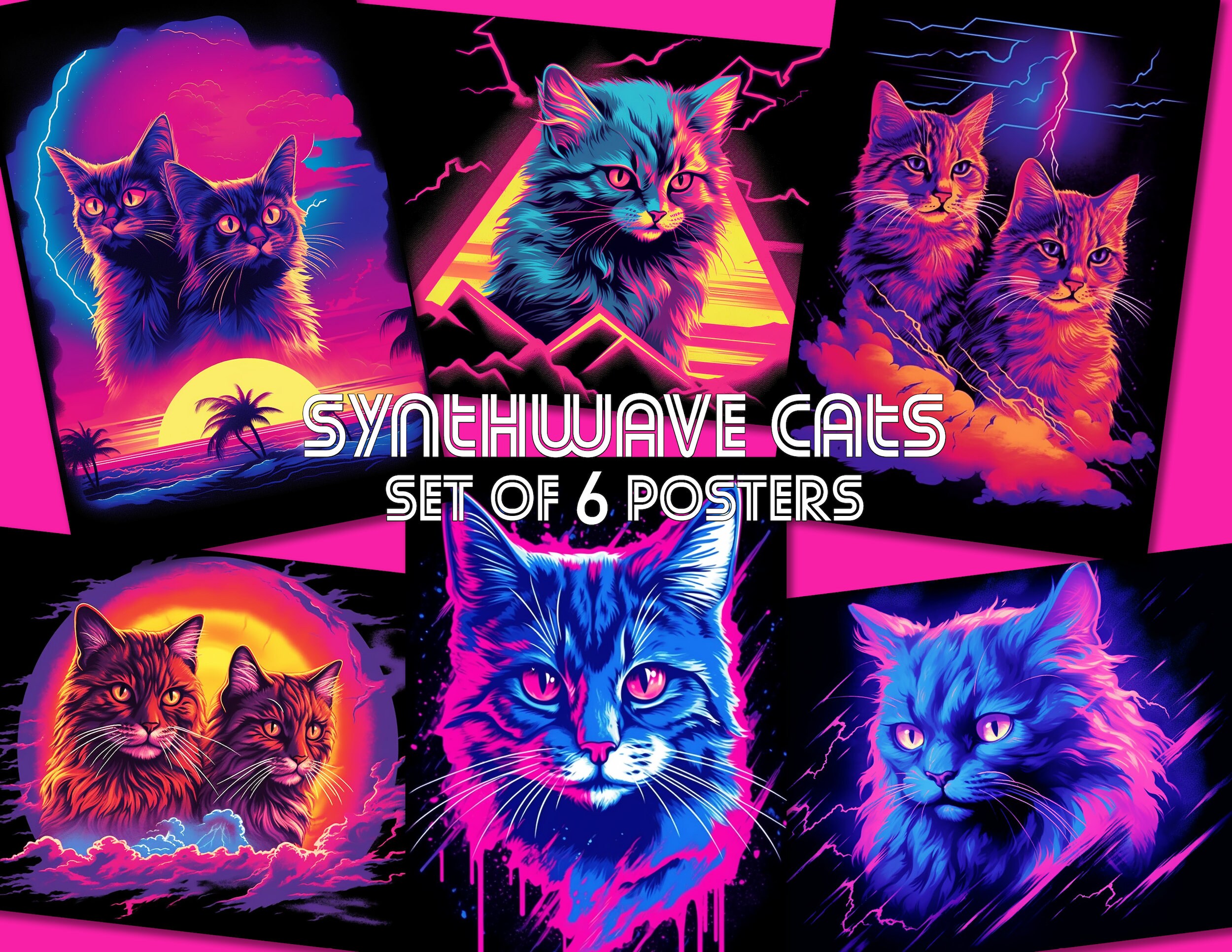 Synthwave Cats Poster Set of 6 Printable Retrowave Vaporwave Wall Art ...