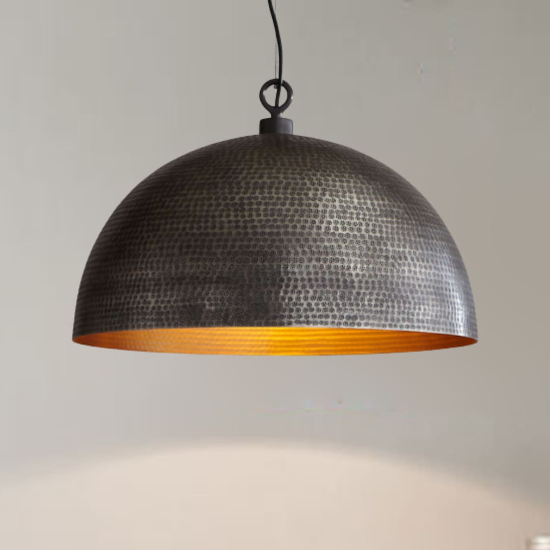 Black and Gold Pendant Light, Black Dome Ceiling Light, Hammered Brass ...