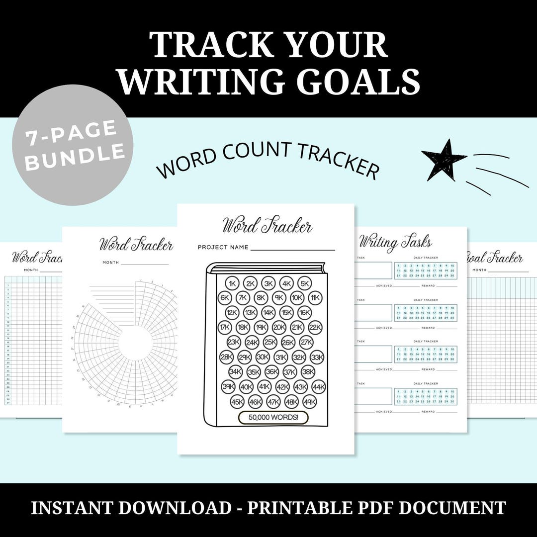 Word Count Tracker Bundle, Writing Goals Printable Tracker, Writing ...