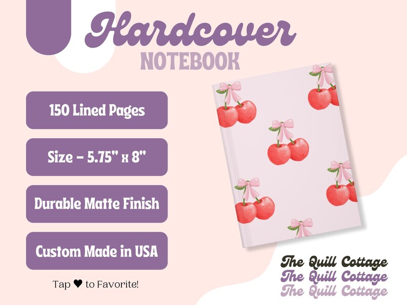 Coquette Writing Notebook Gift, Cherries Hardcover Journal Matte, Gift ...