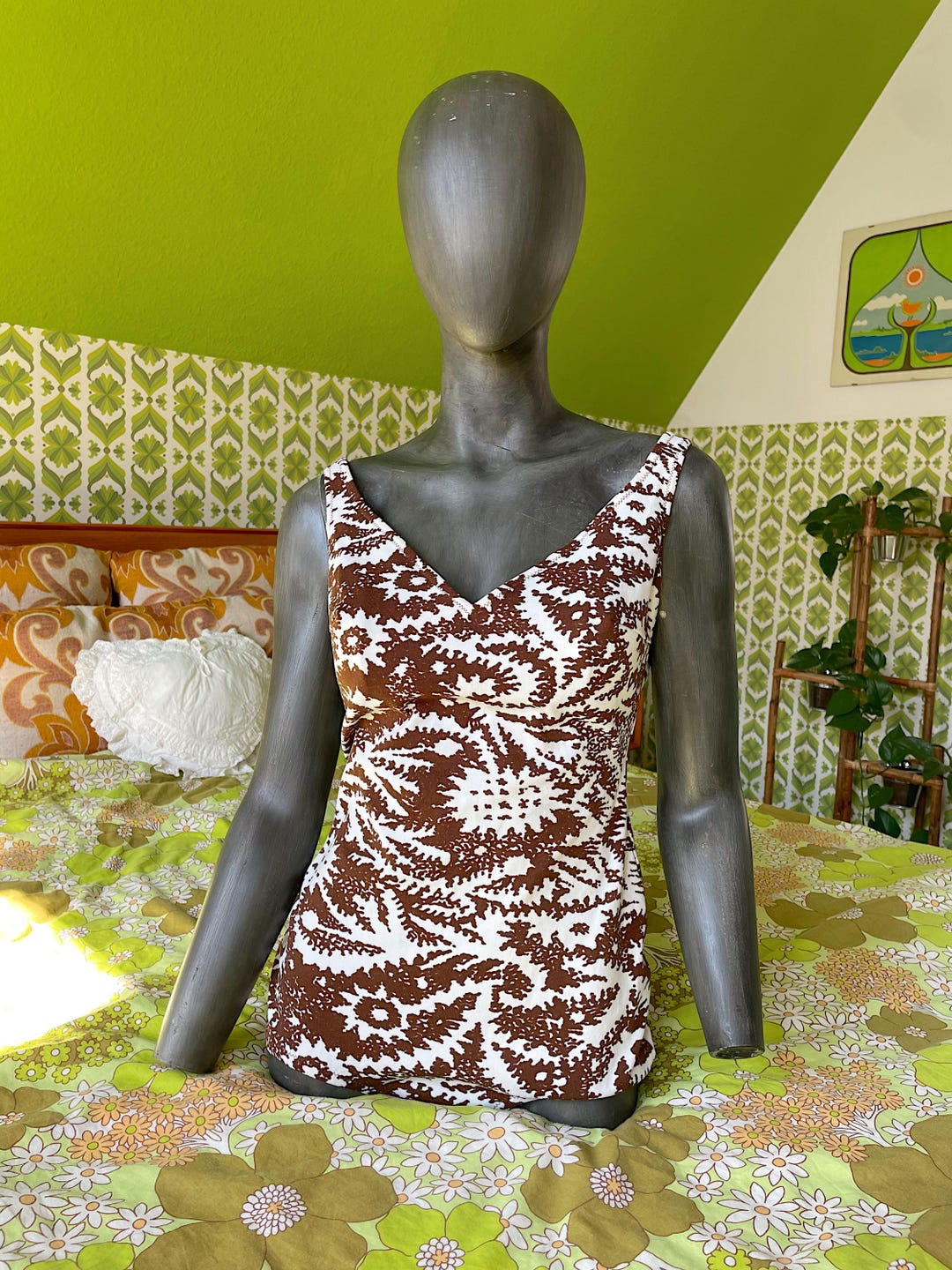 New Old Stock 70s Swimsuit / Bodysuit With Pattern in Brown and White ...