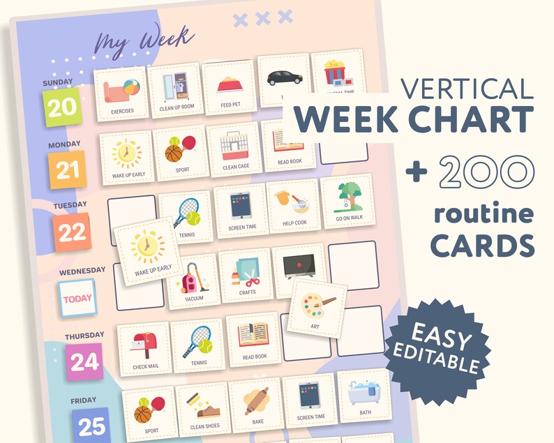 Weekly Chore Chart Printable 200 Routine Cards Kids Vertical Editable ...
