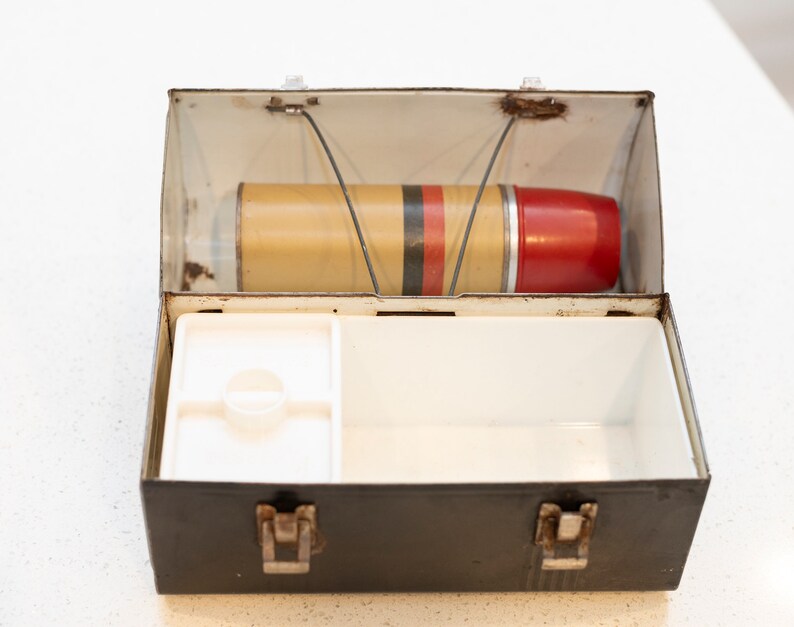 Vintage Black Lunch Pail Box With Thermos Blue Collar America - Etsy