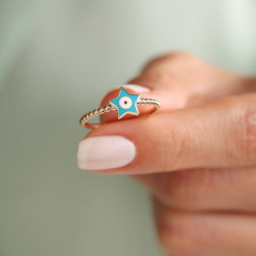 14K Gold Star Shaped Evil Eye Ring • Solid Gold Beaded Band Ring ...