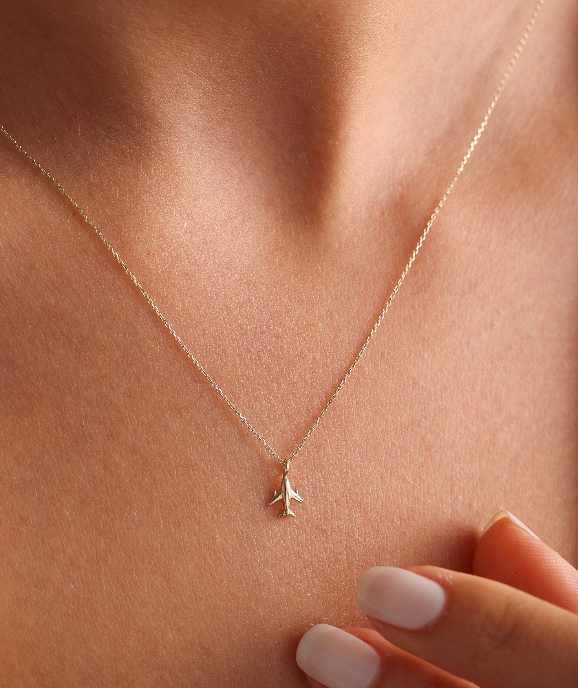 14K Gold Airplane Necklace for Women, Dainty Gold Plane Necklace ...