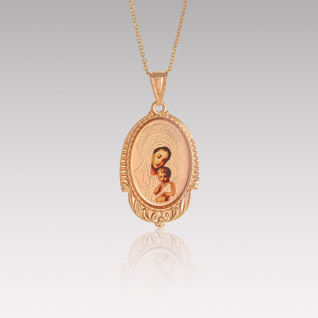 14K Solid Gold Virgin Mary and Jesus Necklace, Mother of God Pendant ...