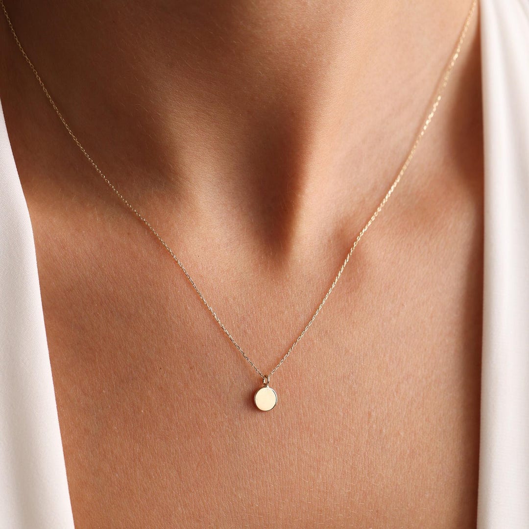 14K Solid Gold Tiny Disc Necklace, Minimalist Polish Round Necklace, Dainty Polished Circle Disc ...
