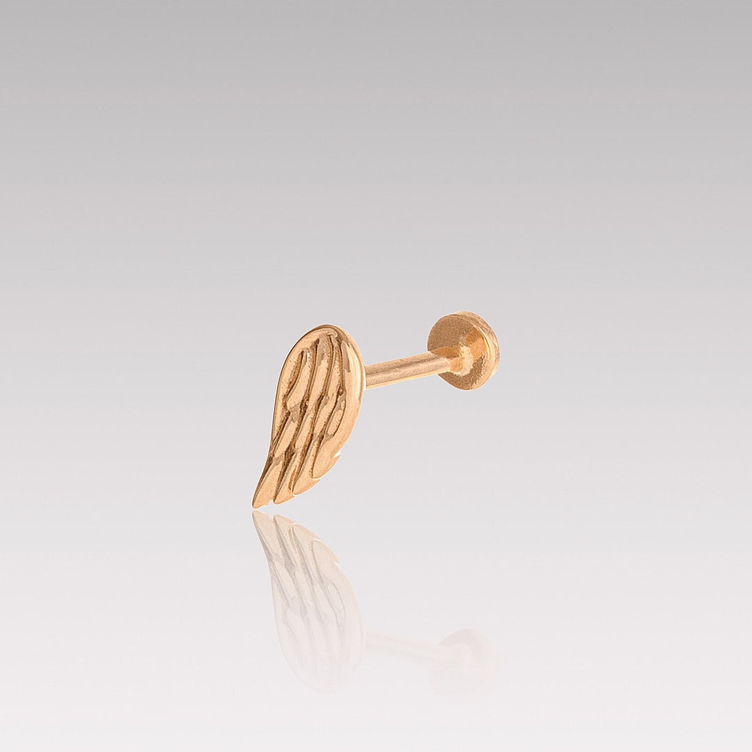 14K Solid Gold Angel Wing Piercing, Minimalist Tragus Piercing, Flat ...