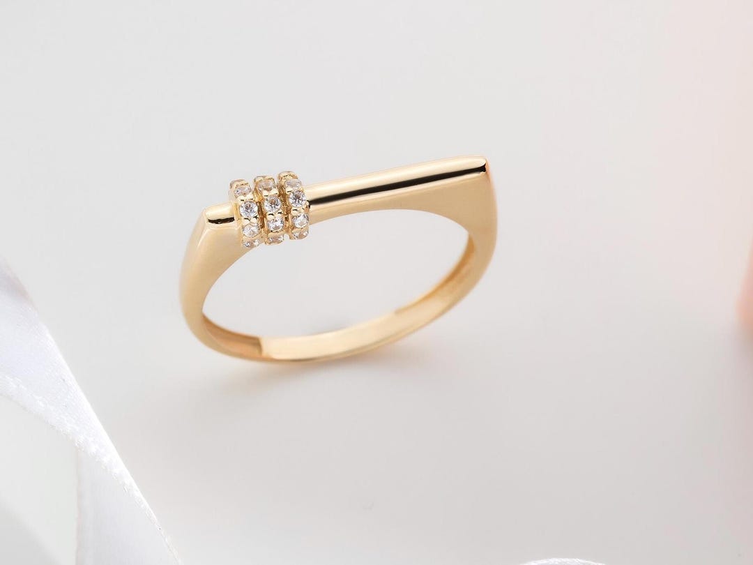 14K Solid Gold Flat Top Bar Ring | Stackable Square Band Ring With ...