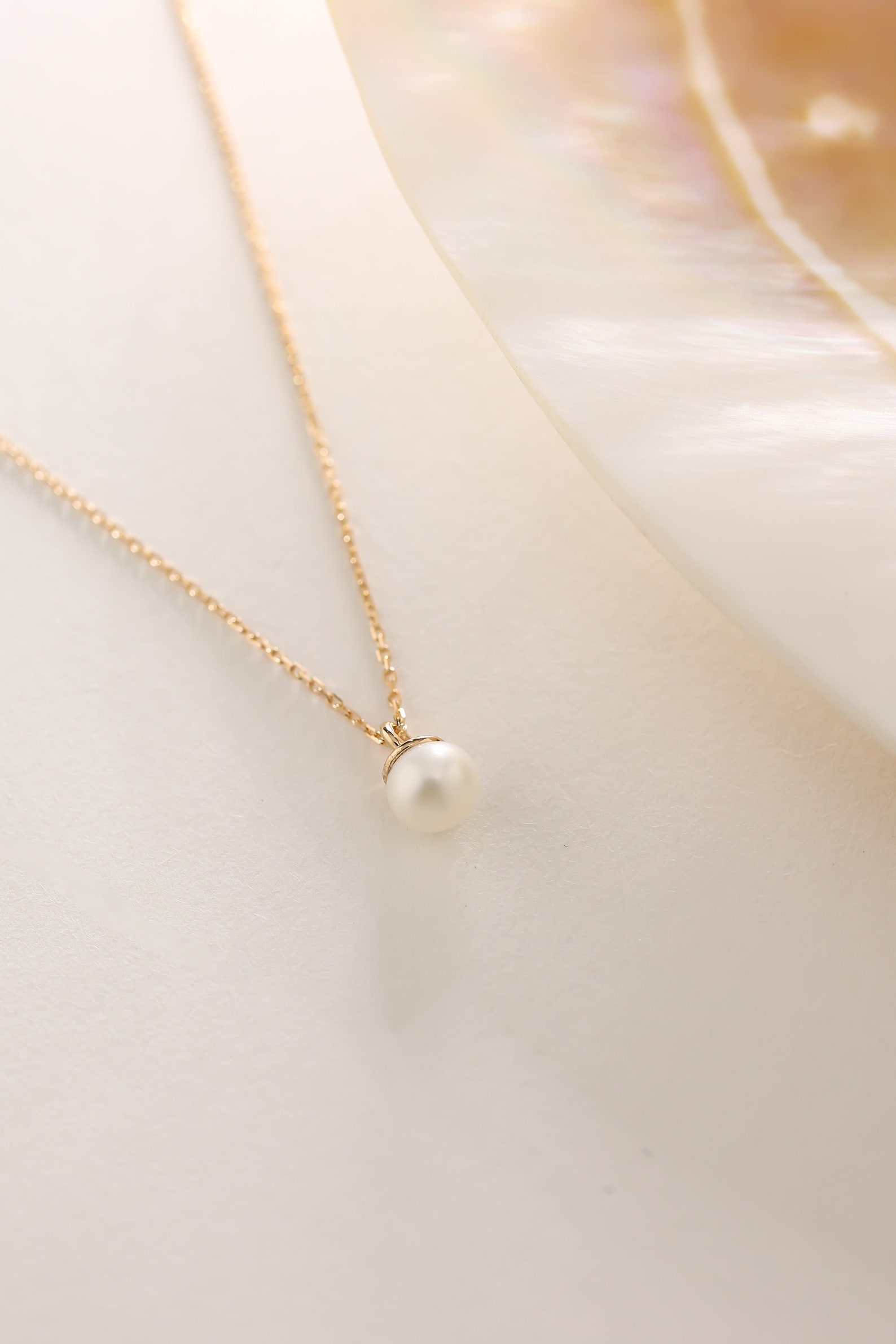 14K Gold Pearl Necklace, Rose Dainty Pearl Necklace, Natural Freshwater ...