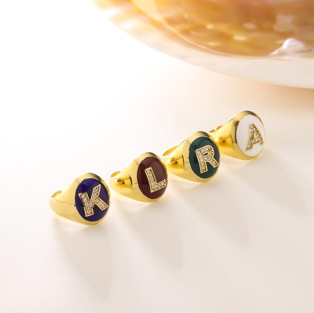 14K Gold Enamel Initial Ring • Solid Gold Letter Ring for Women ...