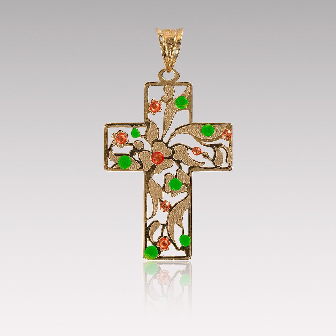 14K Solid Gold Dainty Colorful Cross Necklace, Gold Cross Pendant With ...