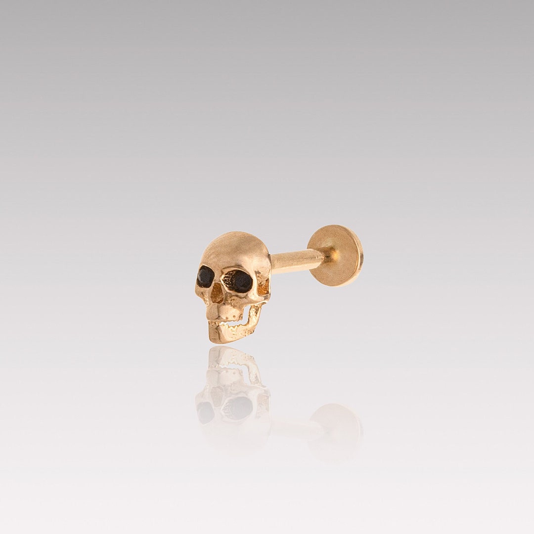 14K Solid Gold Skull Piercing With Flat Back, Goth Tragus Piercing 18G , Gold Stud Ear Piercing ...