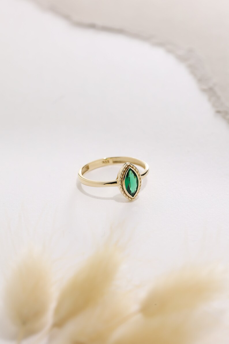 14K Solid Gold Marquise Ring, Handmade Jewelry, Marquise Emerald Stone Ring, Engagement Ring for ...