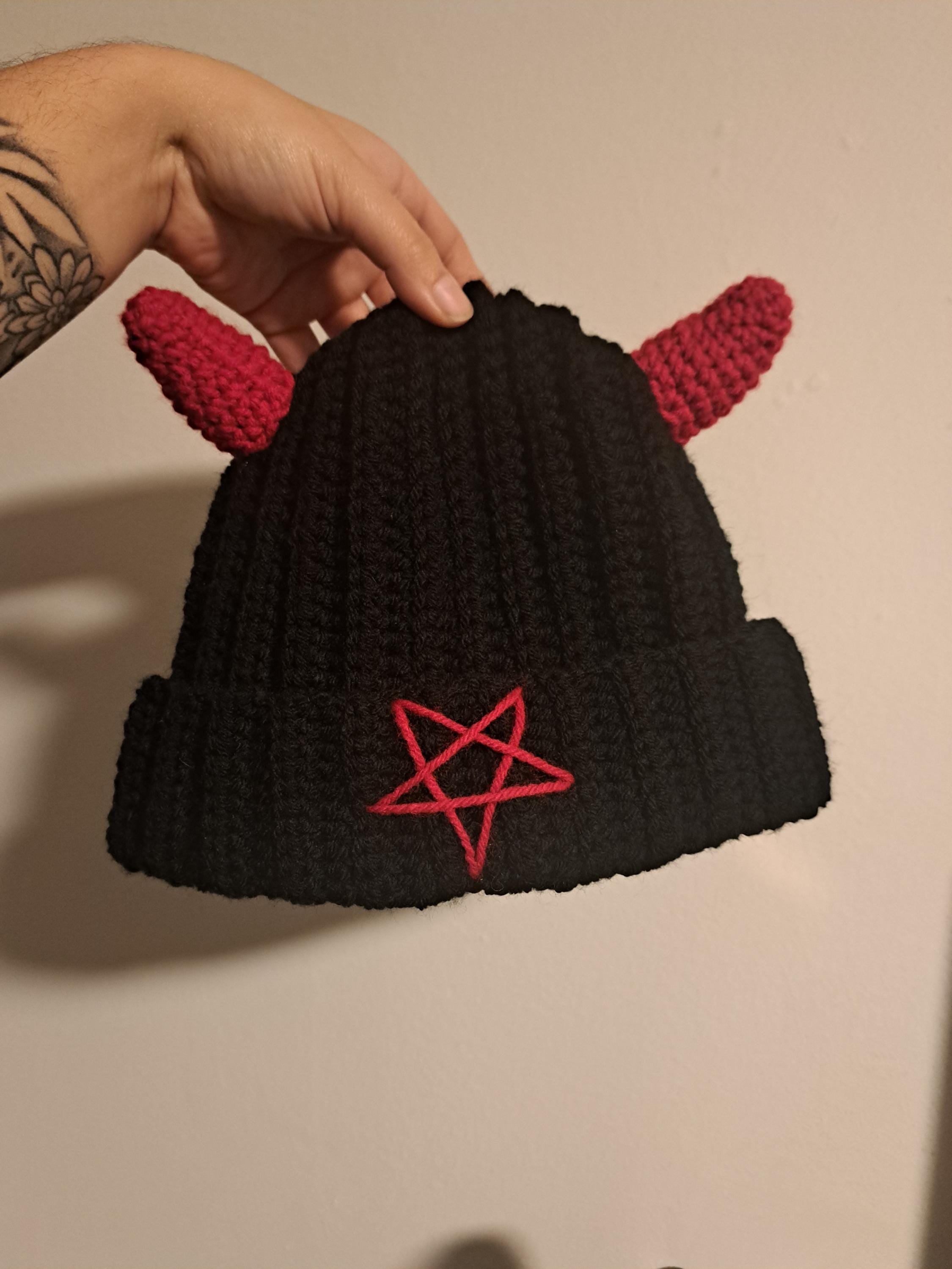 Ribbed Crochet Beanie With Horns & Inverted Pentagram - Etsy