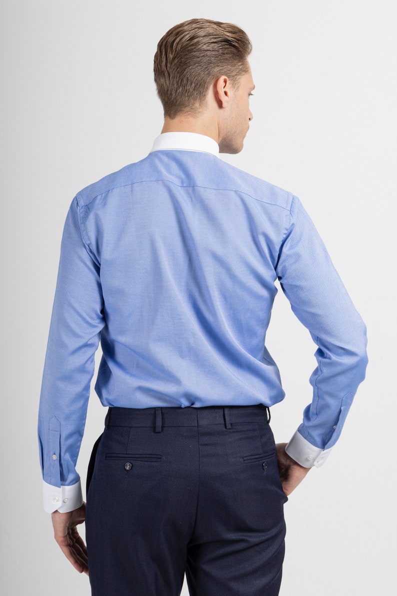 Royal Blue Oxford Pin Collar Long Sleeve Dress Shirts for Men | Mens ...