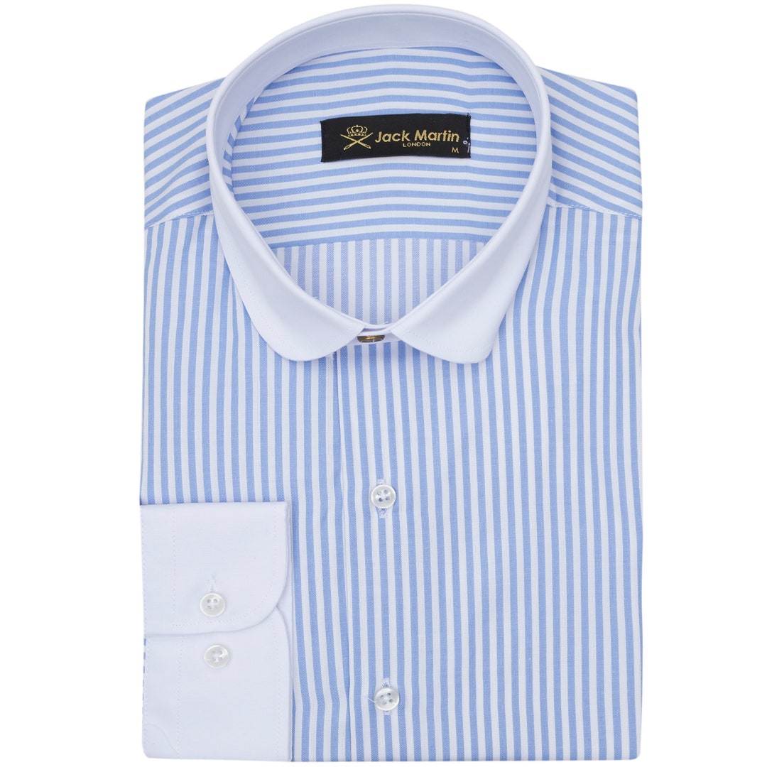 Blue Bengal Stripe Club Collar Long Sleeve Dress Shirts for Men | Mens ...