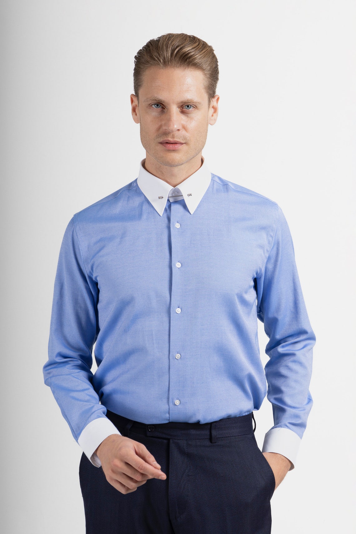 Royal Blue Oxford Pin Collar Long Sleeve Dress Shirts for Men | Mens ...