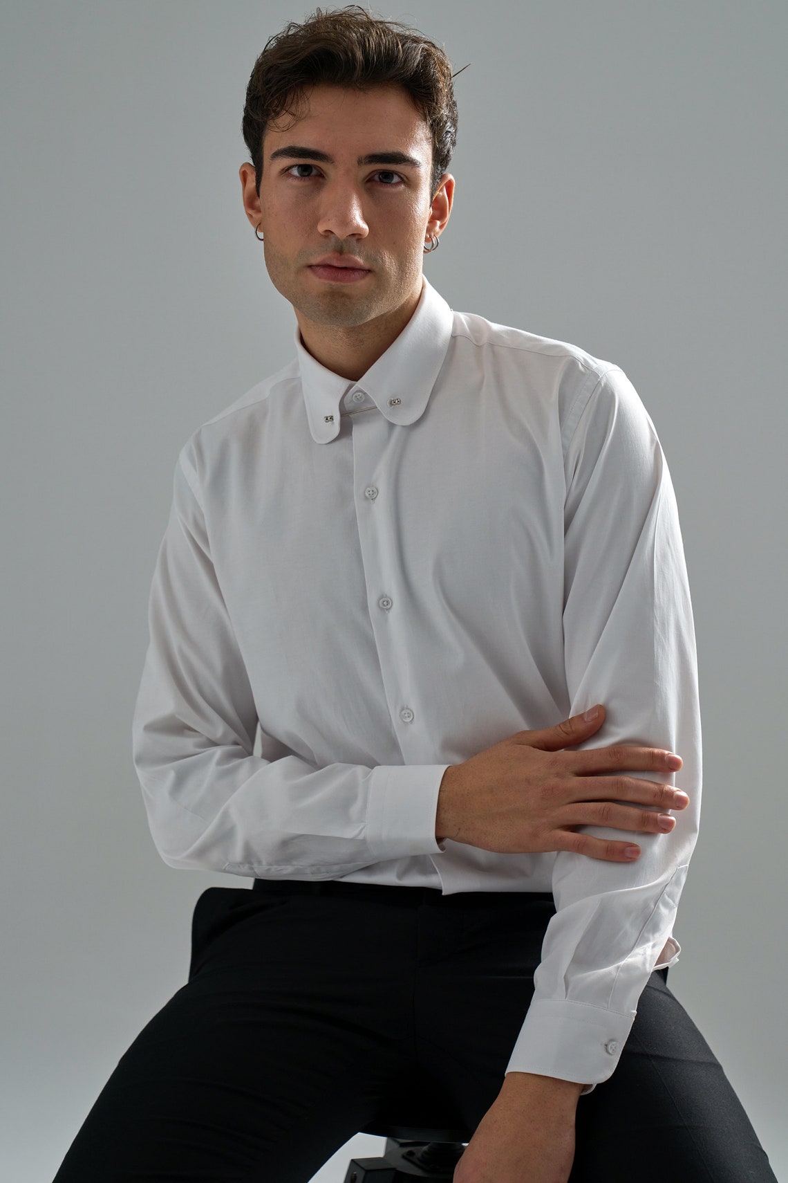 White Club Collar Long Sleeve Dress Shirts for Men With Pin Collar ...