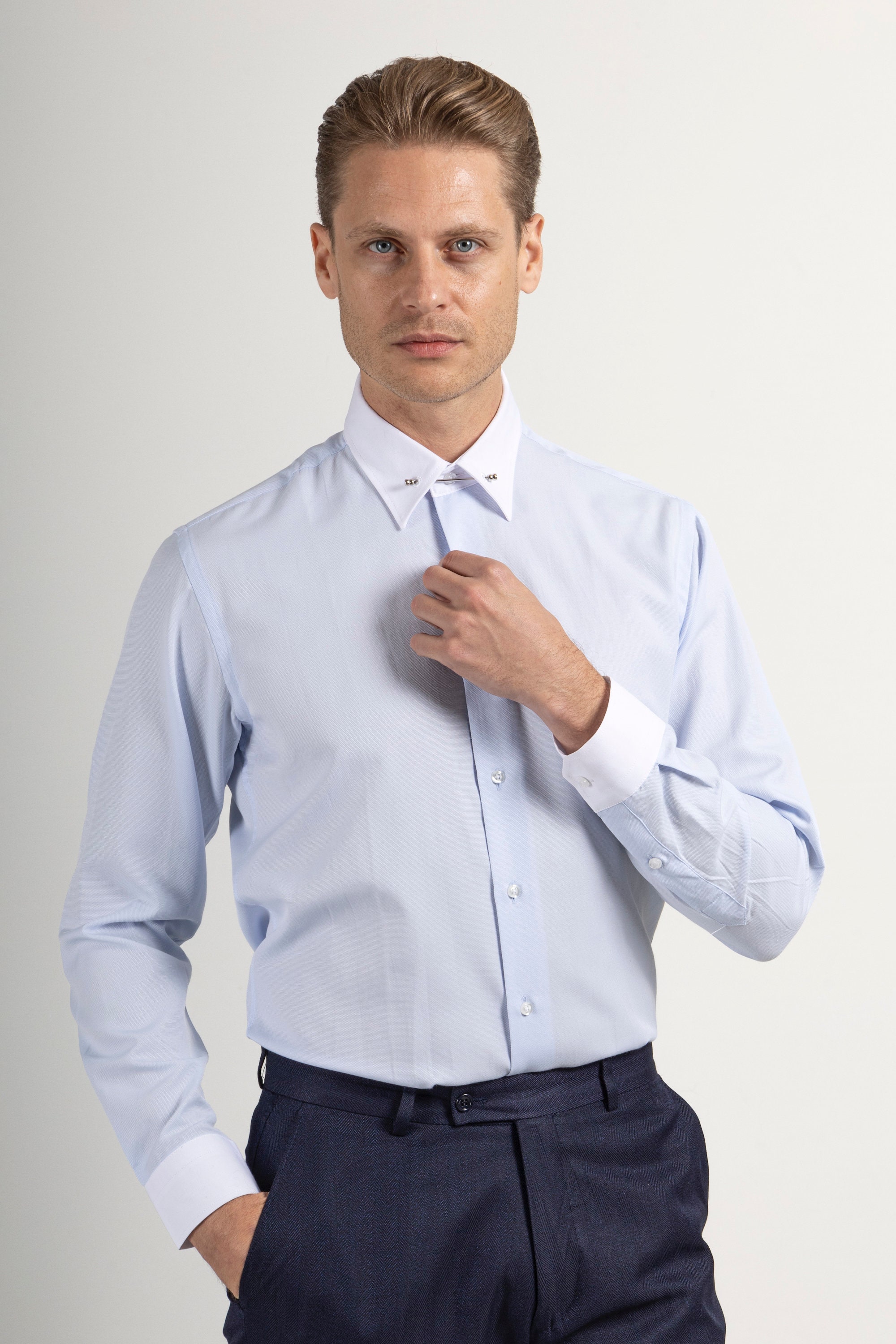 Blue Oxford Pin Collar Long Sleeve Dress Shirts for Men | Mens Button ...