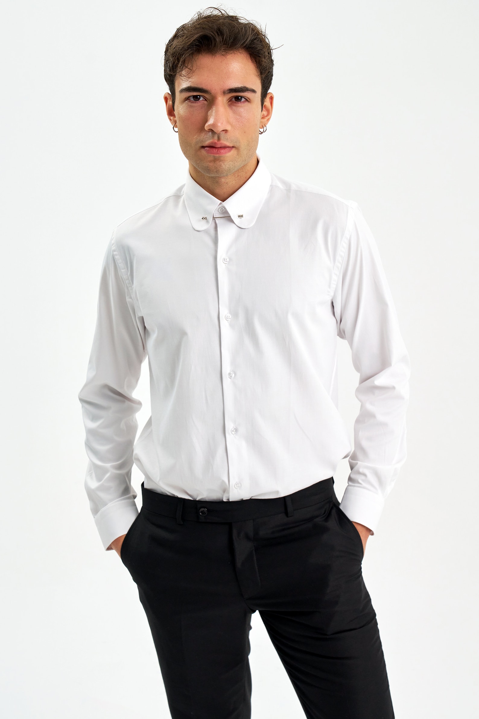 White Club Collar Long Sleeve Dress Shirts for Men With Pin Collar ...