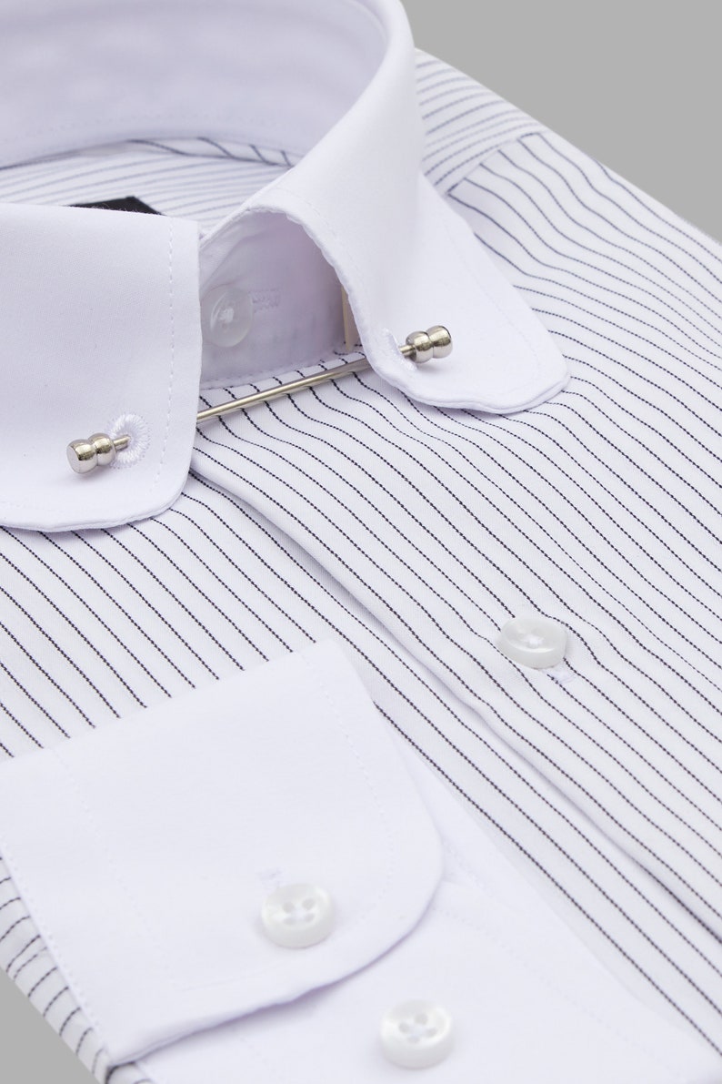 Black Striped Club Collar Long Sleeve Dress Shirts for Men With Pin ...