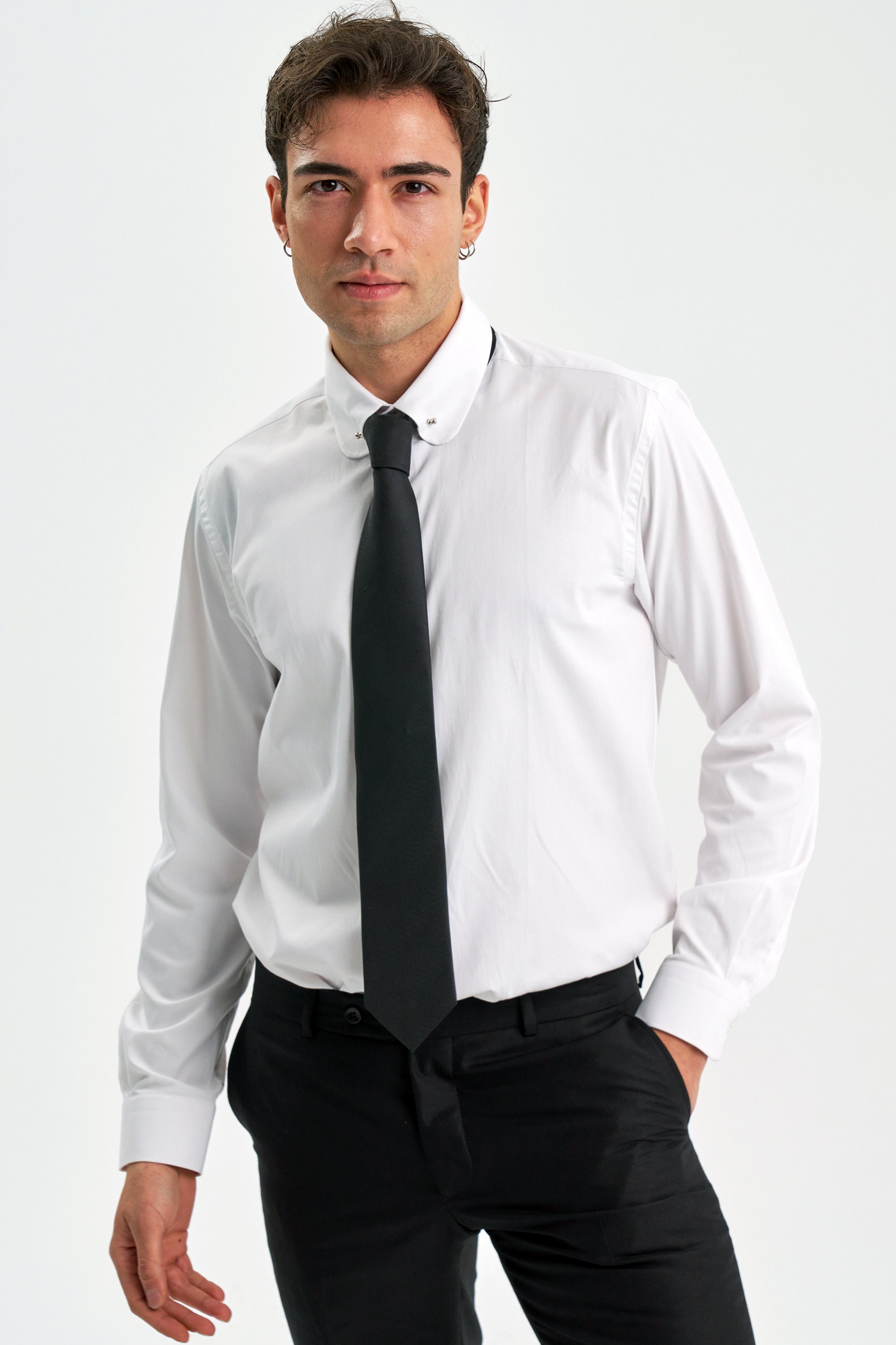 White Club Collar Long Sleeve Dress Shirts for Men With Pin Collar ...