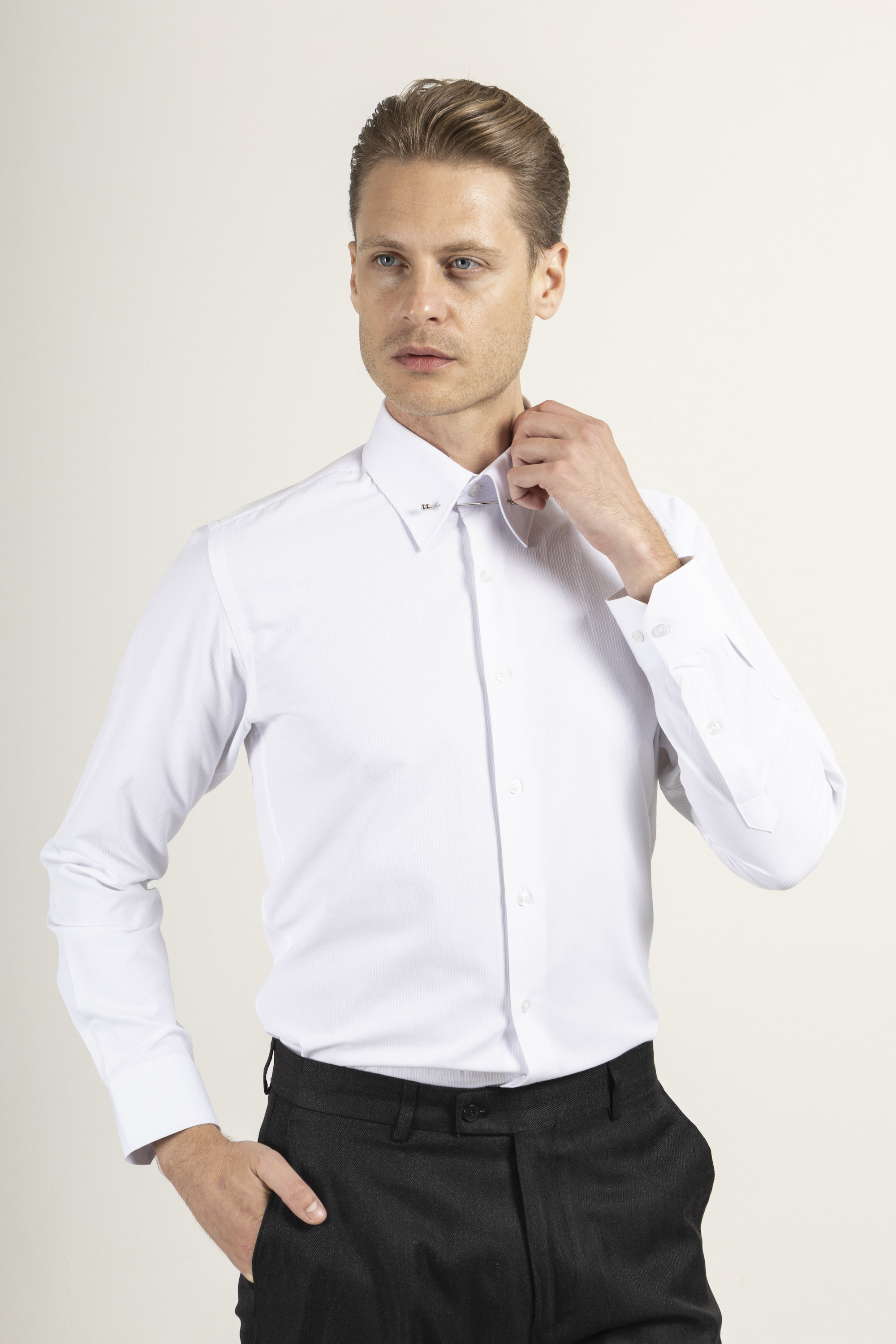 White Striped Pin Collar Long Sleeve Dress Shirts for Men | Mens Button ...