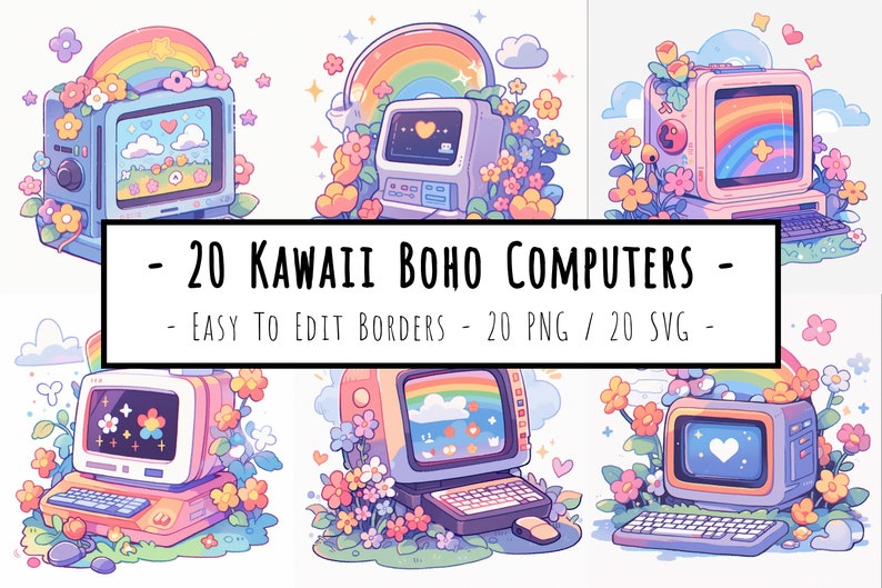 Kawaii Boho Computer Clipart Bundle - 20 PNG - Easy to Edit ...