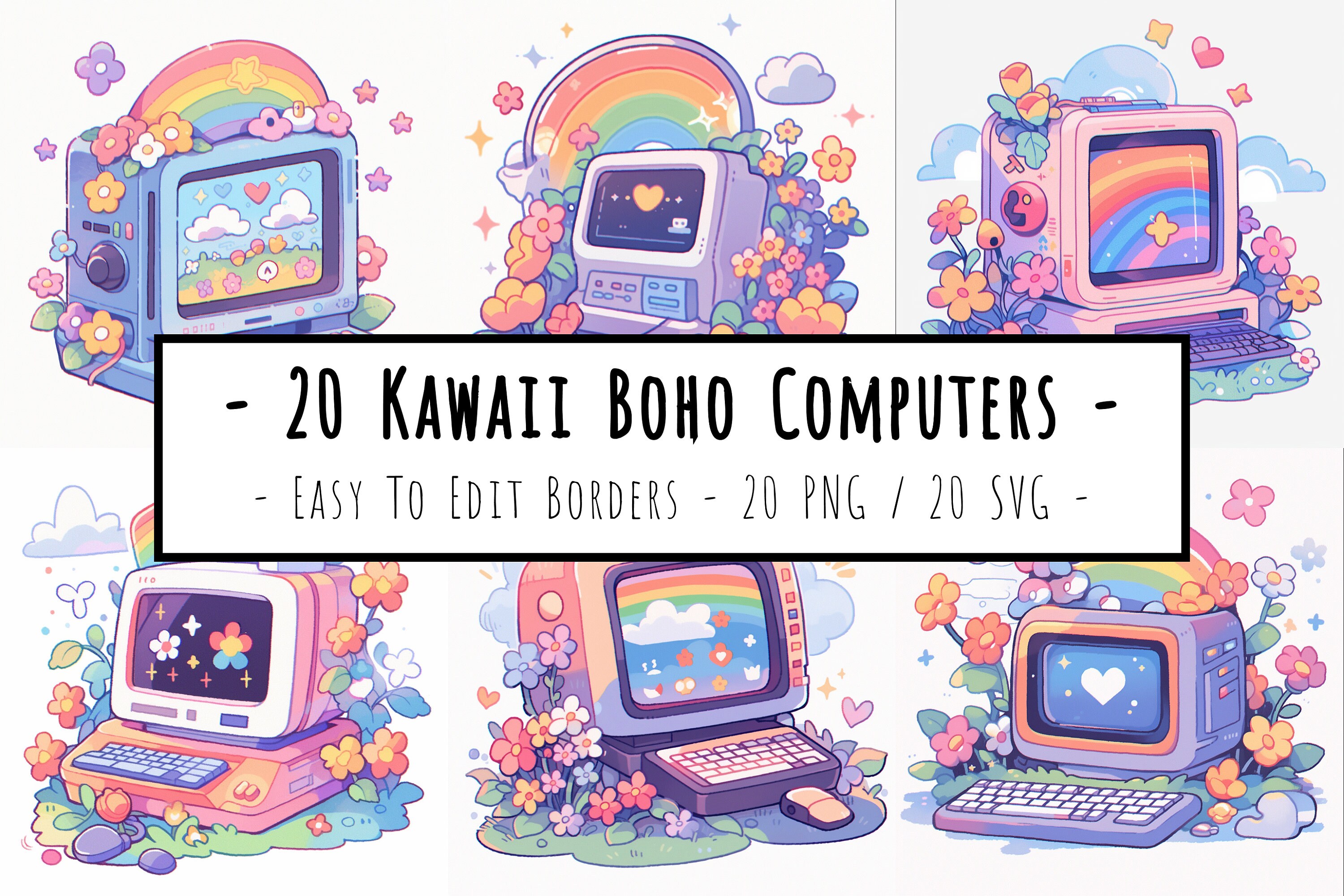 Kawaii Boho Computer Clipart Bundle - 20 PNG - Easy to Edit ...