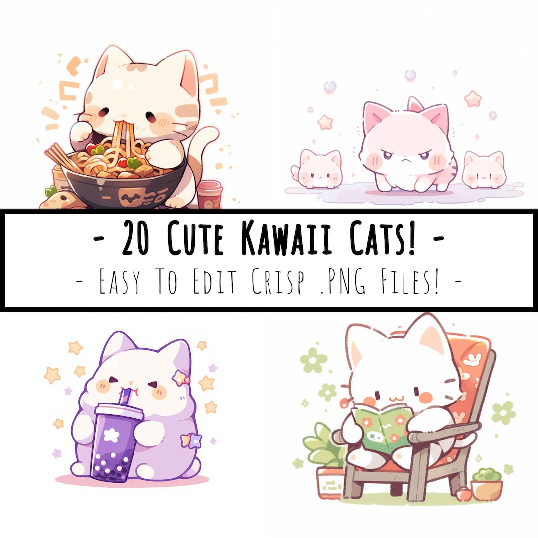 Cute Kawaii Anime Cats Clipart Bundle - 20 PNG - Easy to Edit ...