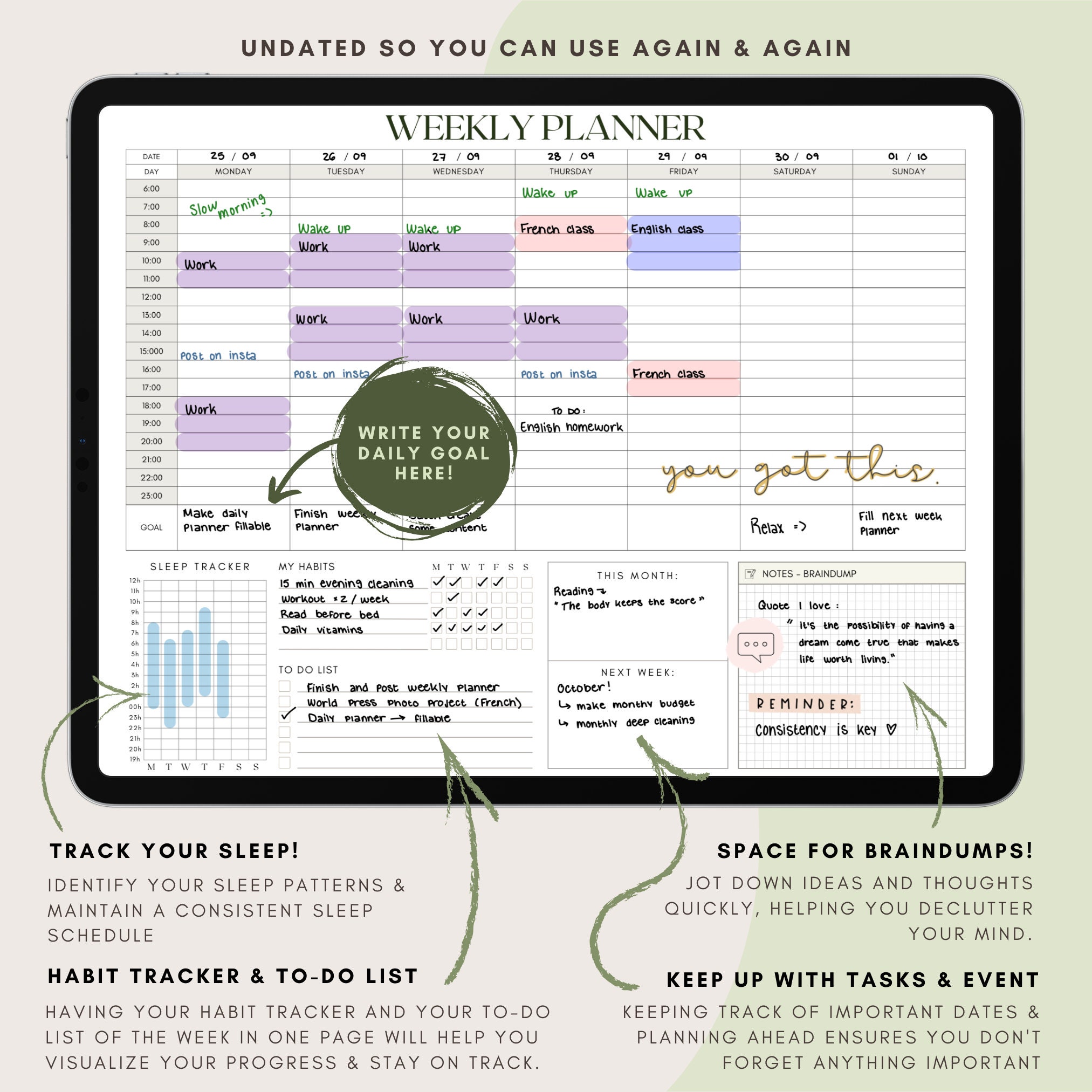 Weekly Planner Goodnotes Template, Printable Pdf, Hourly Planner, Dark ...