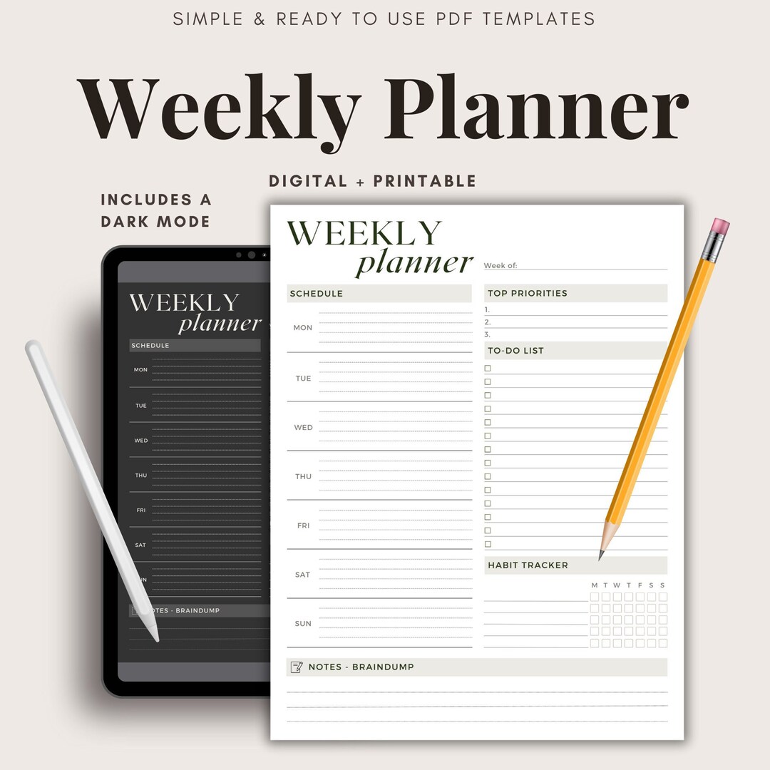 Weekly Planner Template, Printable Pdf, Dark Mode, Weekly Plan ...