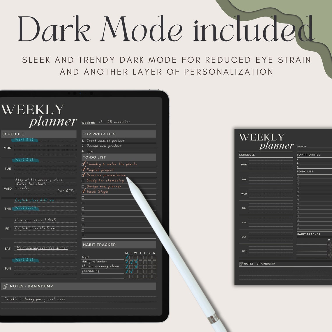 Weekly Planner Template, Printable Pdf, Dark Mode, Weekly Plan ...