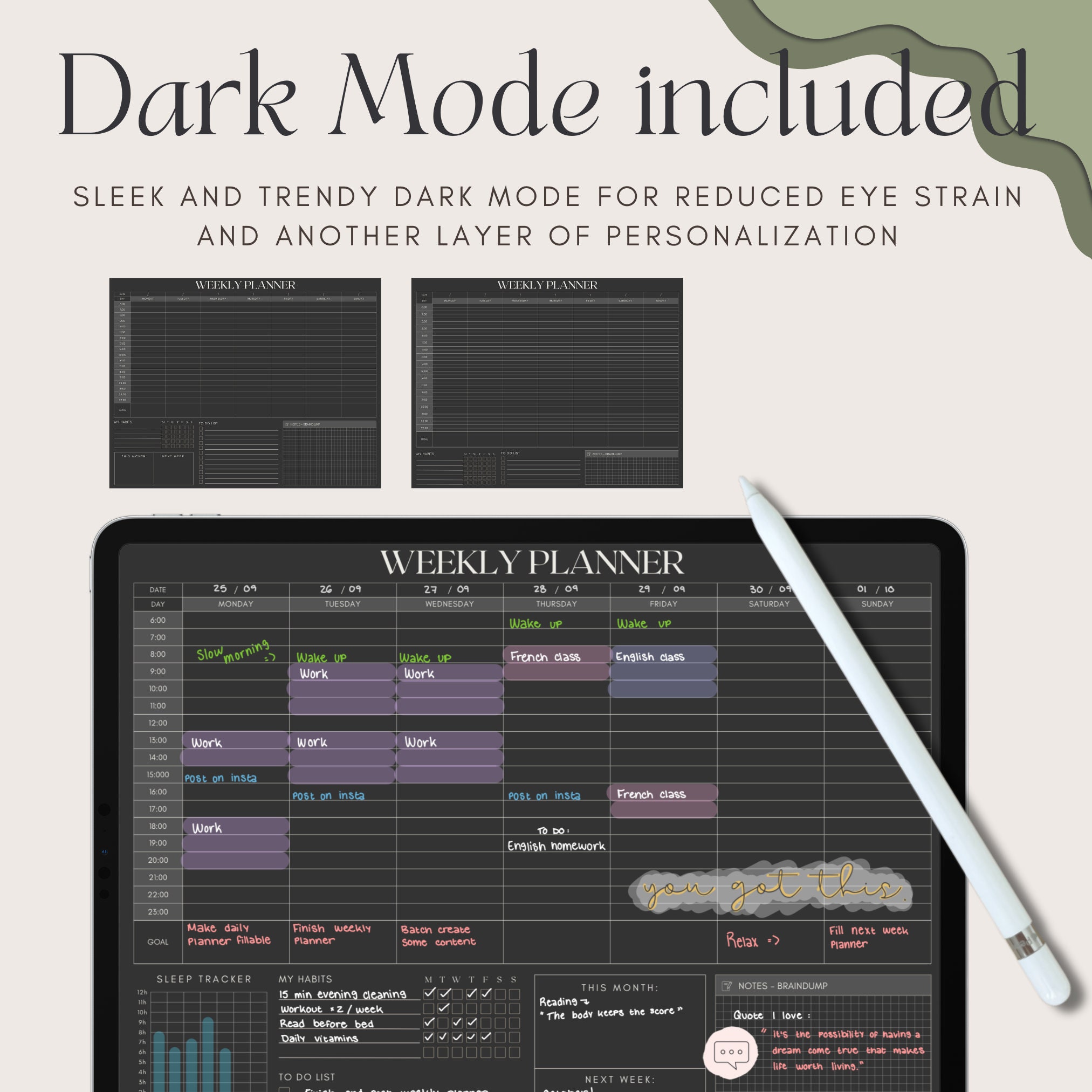 Weekly Planner Goodnotes Template, Printable Pdf, Hourly Planner, Dark ...