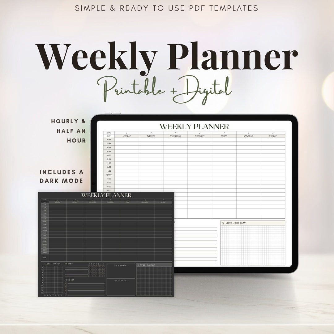 Weekly Planner Goodnotes Template, Printable Pdf, Hourly Planner, Dark ...