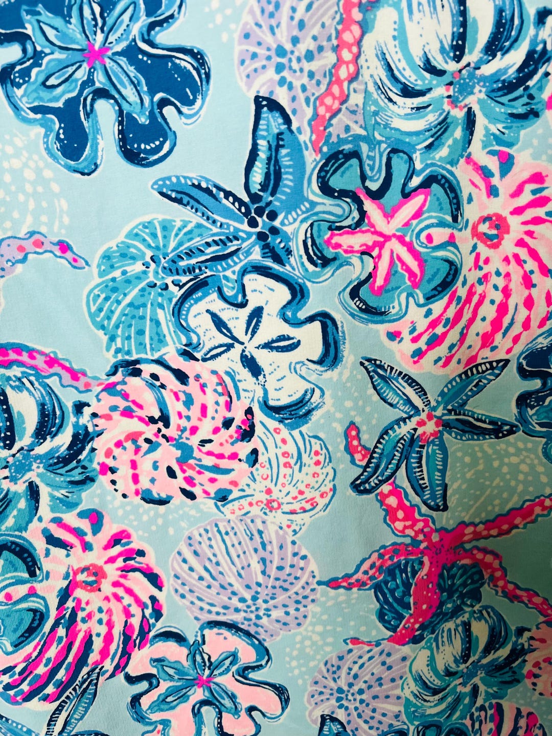1 Aqua Blue Pink Beach Shells Stretch Terry Fabric Lilly Flowers Soft ...