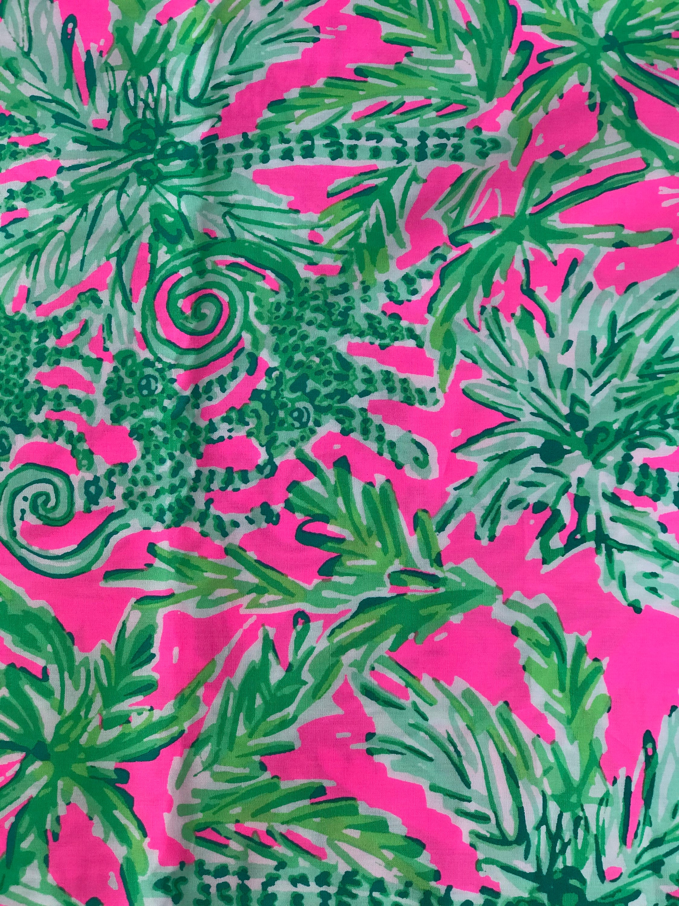 Pink Green Monkey Palm Trees Poplin Fabric With Pretty Flowers Lilly ...