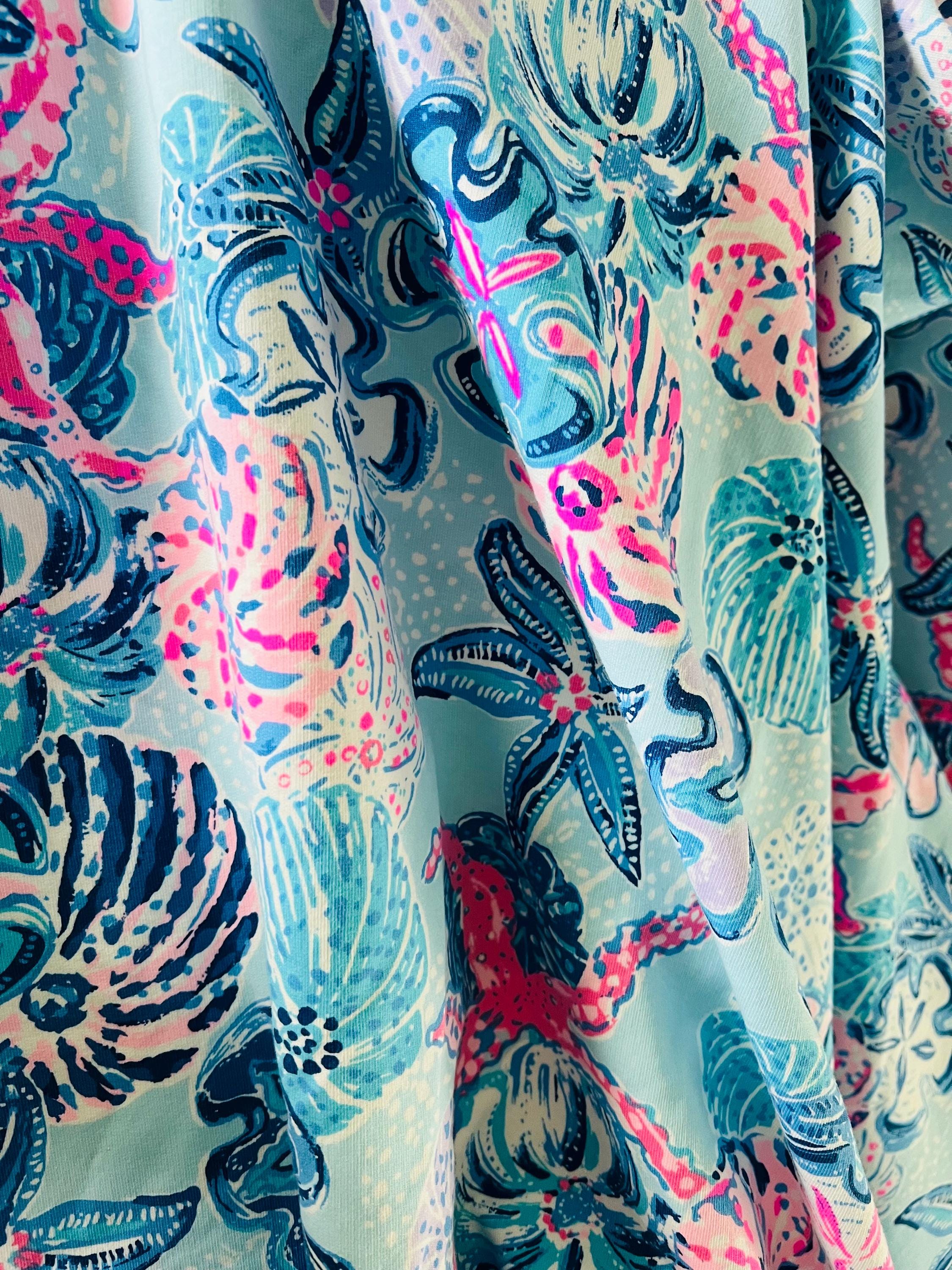 1 NEW Aqua Blue Pink Beach Shells Stretch Terry Fabric Lilly Flowers ...