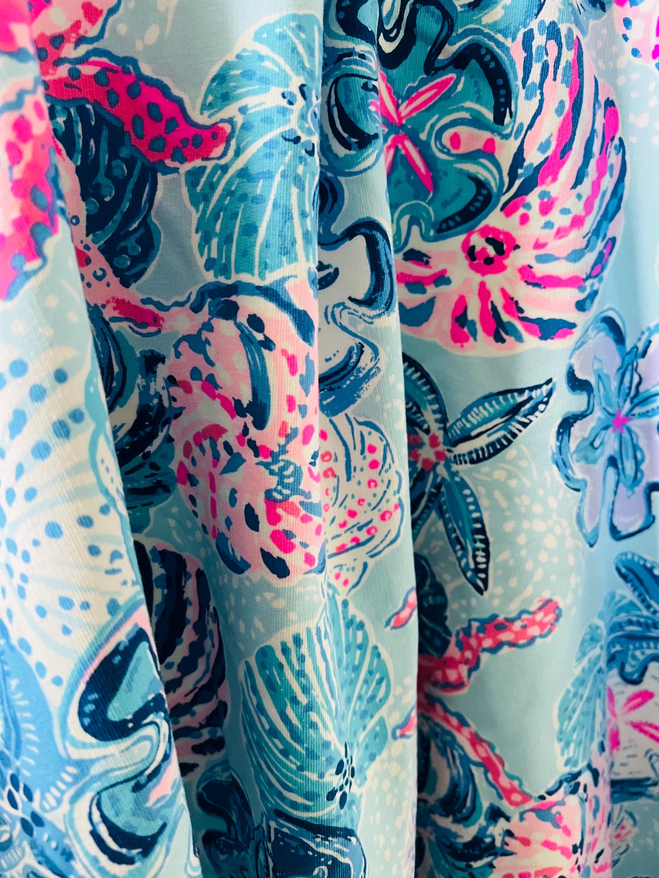 1 NEW Aqua Blue Pink Beach Shells Stretch Terry Fabric Lilly Flowers ...