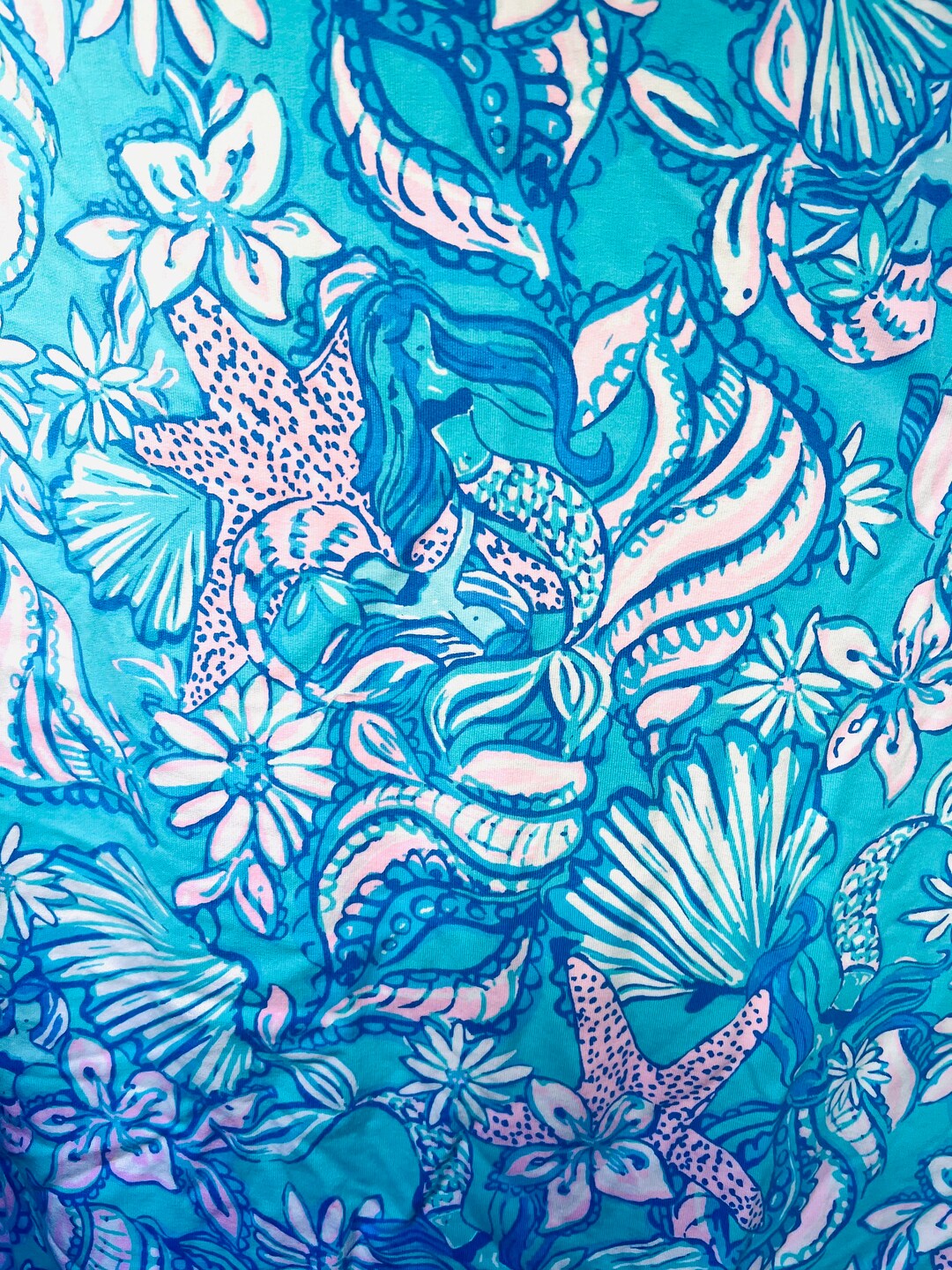 1 Aqua Blue Pink Mermaid Stretch Terry Fabric Lilly Flowers Soft ...