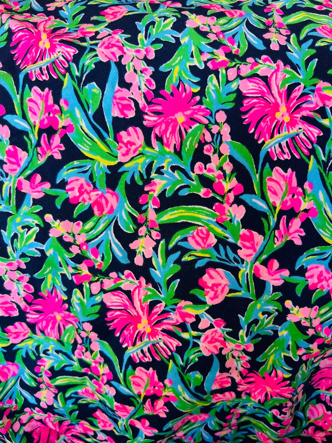 1 Navy Aqua Green Pink Stretch Terry Fabric Lilly Flowers Soft Stretchy ...