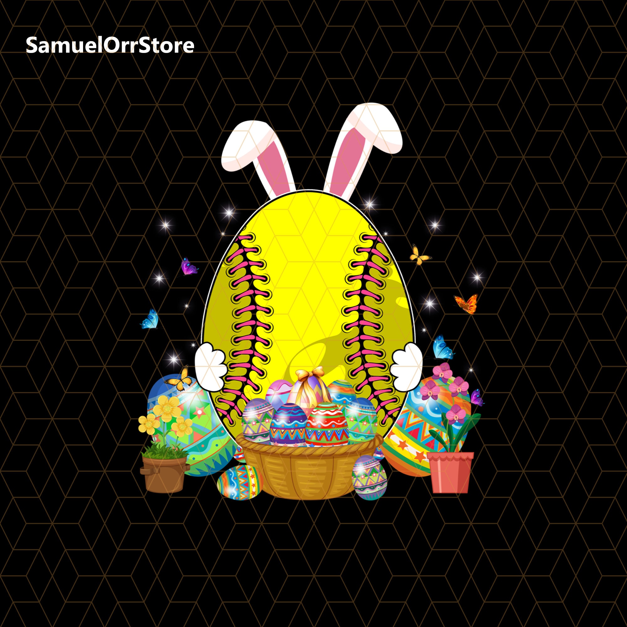 Cute Softball Ball Wearing Bunny Ears Eggs Happy Easter Day Png, Groovy ...