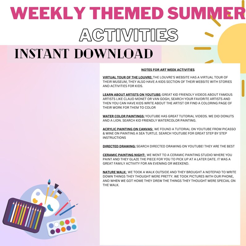 KIDS Summer Bucket List Theme ART Week Full of Activities With Planner ...