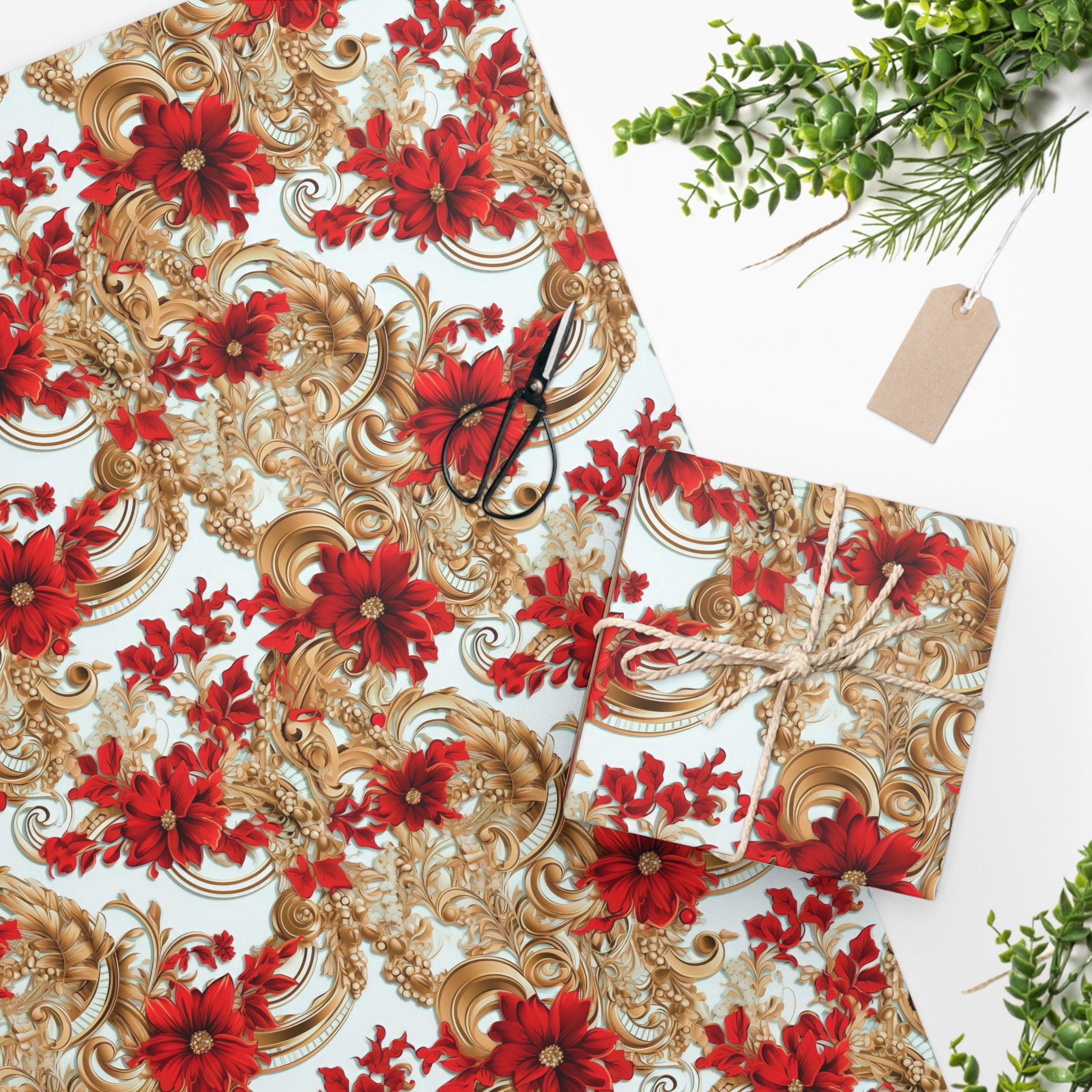 Regal Christmas Poinsettias and Gold - Christmas Wrapping Paper sold by ...