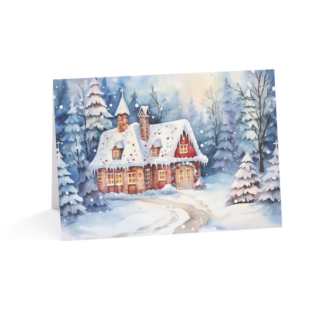 Snowy Cabin Christmas Card - Etsy