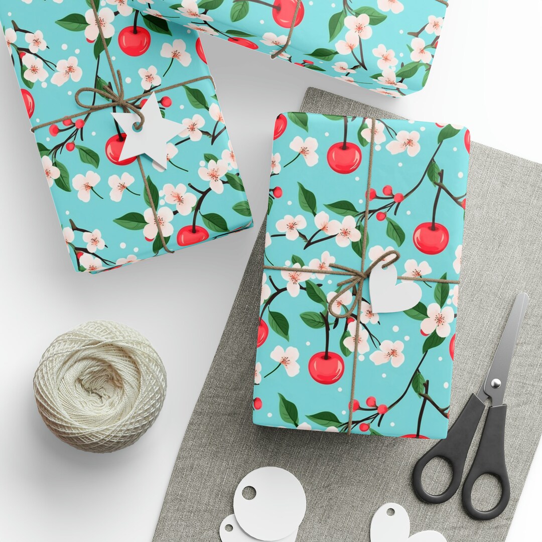 Cherry Blossoms and Red Cherry Wrapping Paper - A Blossom of Beauty for ...